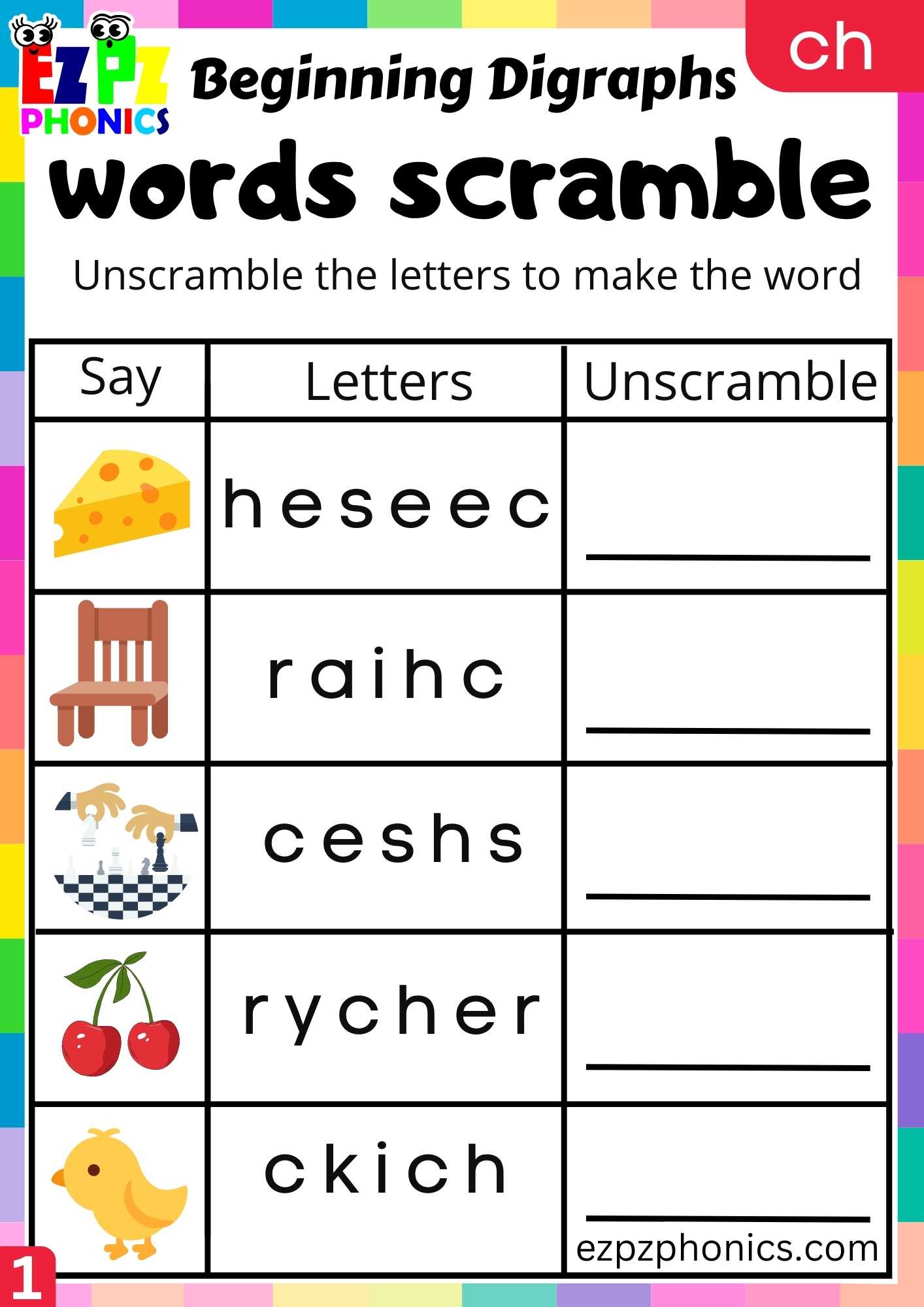 Group1 Ch Words Words Scramble Consonant Digraphs Phonics Beginning